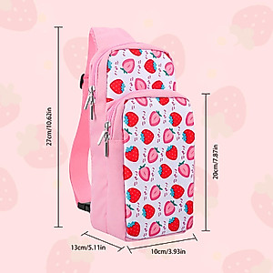 THRCIFLO Cute Pink Strawberry Travel Carrying Bag for Nintendo Switch/OLED/Lite Shoulder Bag Storage Backpack for Switch Accessories, Portable Crossbody Sling Case for Girls