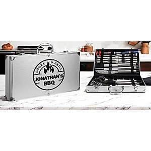 Personalized 34pc BBQ Grill Accessories Set with Thermometer - Father's Day Gift - Personalized Heavy Duty Stainless Steel Grill Set in Case - House Warming Gift