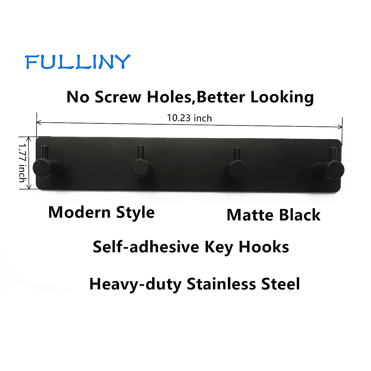 FULLINY Key Hooks for Wall Apartment Decor Adhesive Key Holder for Wall Decor with 4 Key Hooks,No Screw Holes Key Rack for Wall,Stainless Steel Heavy Duty Adhesive Hooks for Hanging,Black