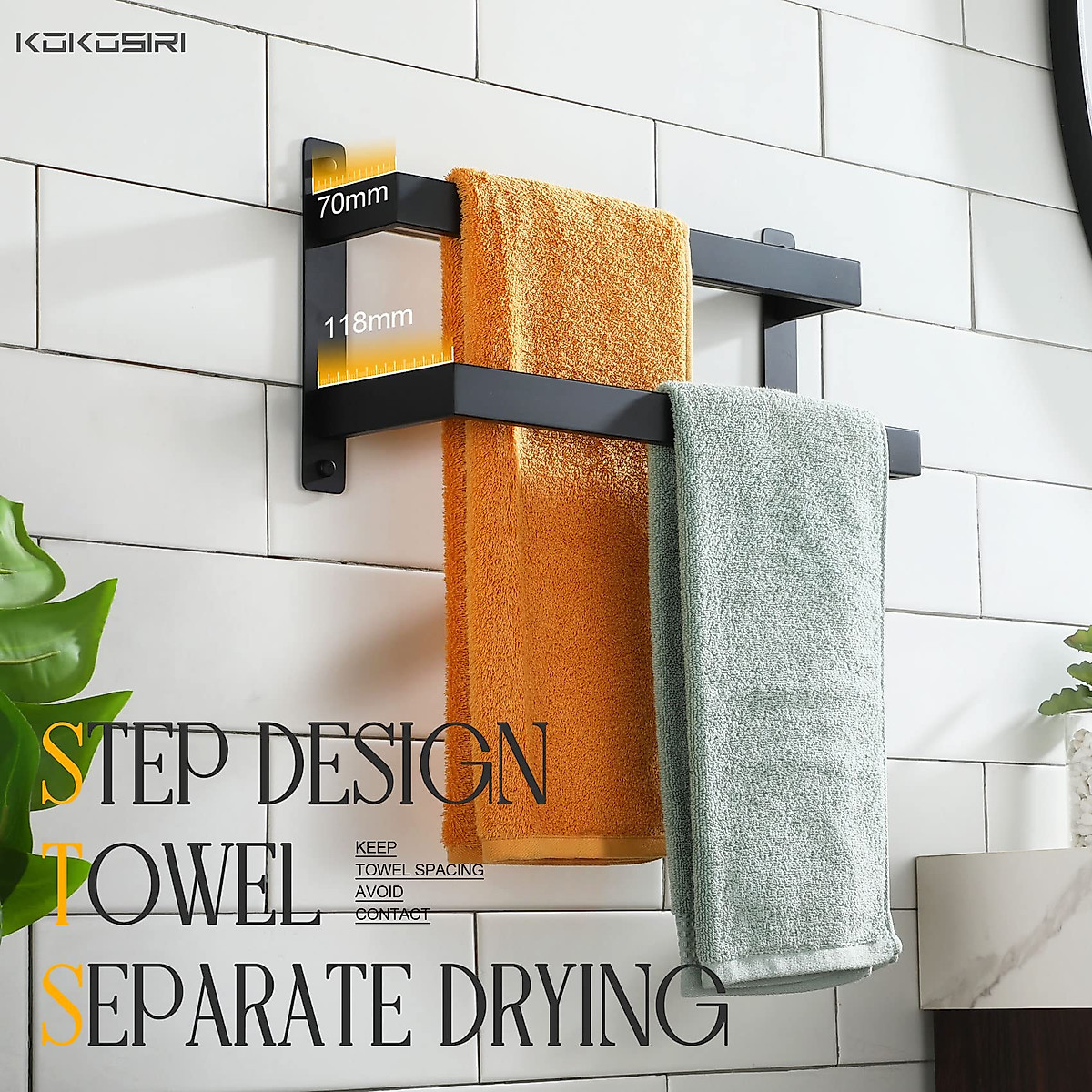 KOKOSIRI Towel Bars Black Bath Towel Holders 16 Inches Bathroom 2-Tiers Ladder Towel Rails Wall Mounted Towels Shelves Rack Stainless Steel, B5008BK-L16