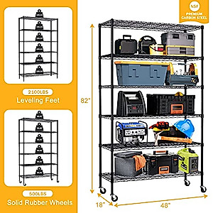 Heavy Duty Storage Shelving Unit w/Wheels, Commercial Steel Organizer Wire Shelving Rack, Adjustable Utility Storage Shelves or Garage, Kitchen 48" W x 18" D x 82" H, 2100 LBS Black (With Wheels))