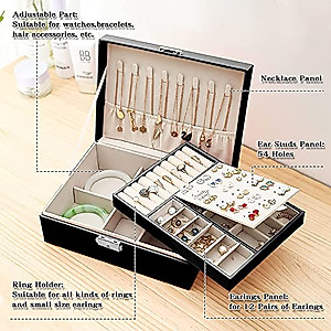 SYCARON 2023 Upgraded Jewelry Organizer Box for Women Girls, Large Travel Jewellry Organizer Case 2 Layer PU Leather Soft Lining with Lock for Rings Earrings Necklace Bracelets, Black