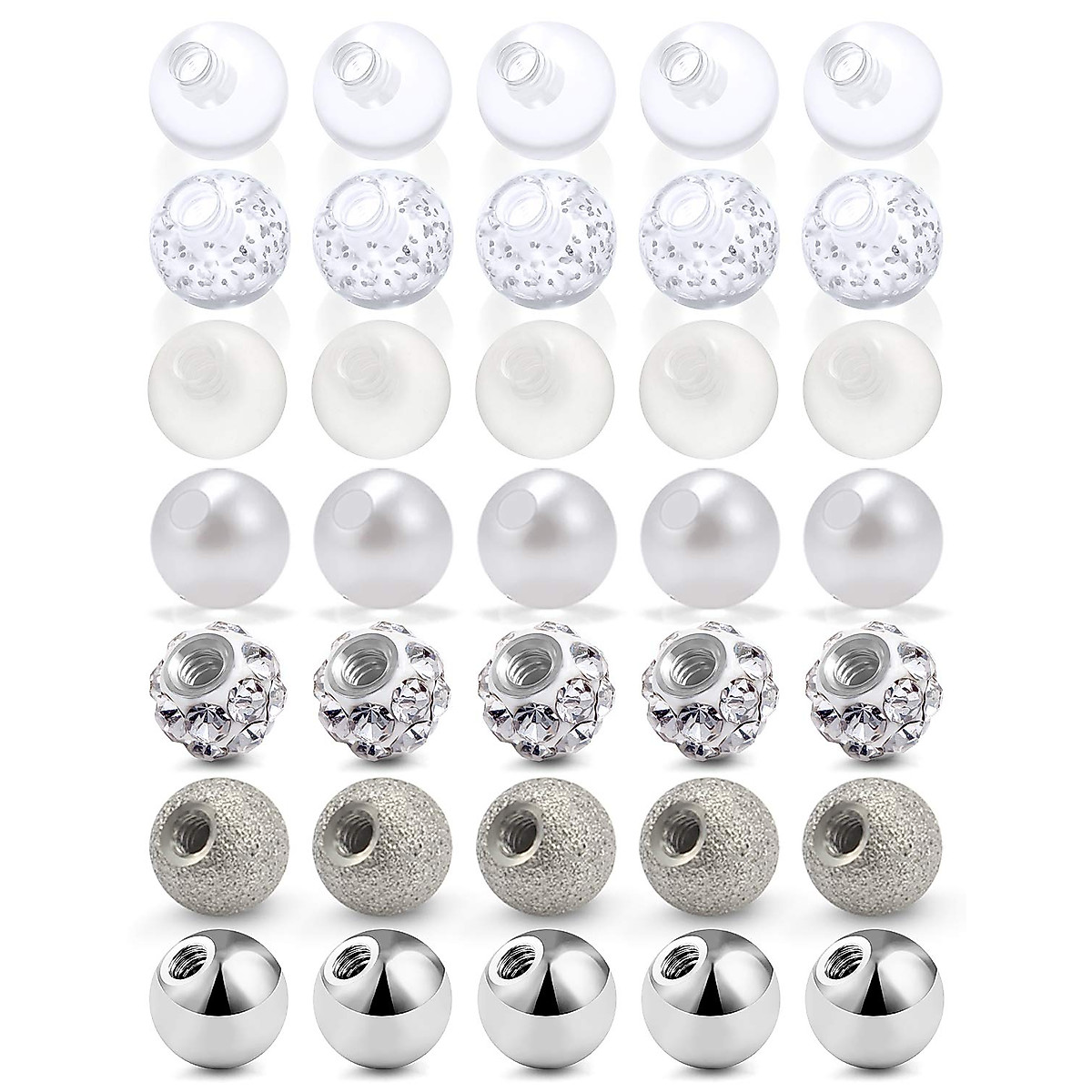 Prjndjw 35PCS Replacement Ball for Body Jewelry Stainless Steel Clear Acrylic Crystal CZ Ball for 16G Piercing Bar Barbell Studs Parts Diameter 5mm