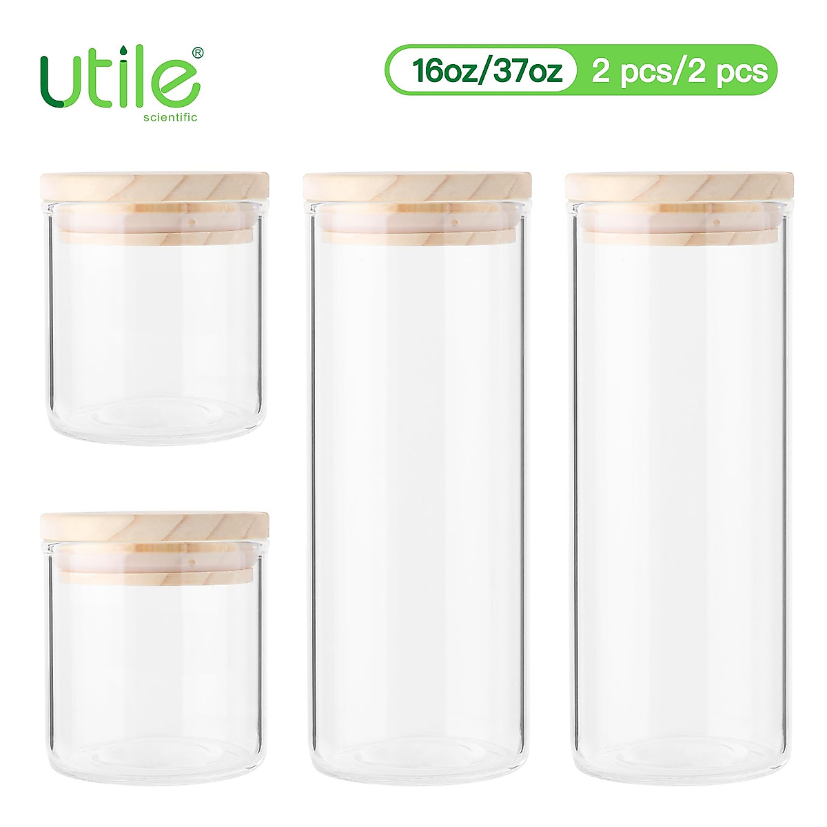 Utile 4 Pcs Heavy Wall Glass Food Jar Set with Lid, 2 Pcs Vol.440ml/14.9oz, 2 Pcs Vol.1080ml/36.5oz, Glass Airtight Food Storage Canisters for Oats, Coffee and More 4045.2001.1
