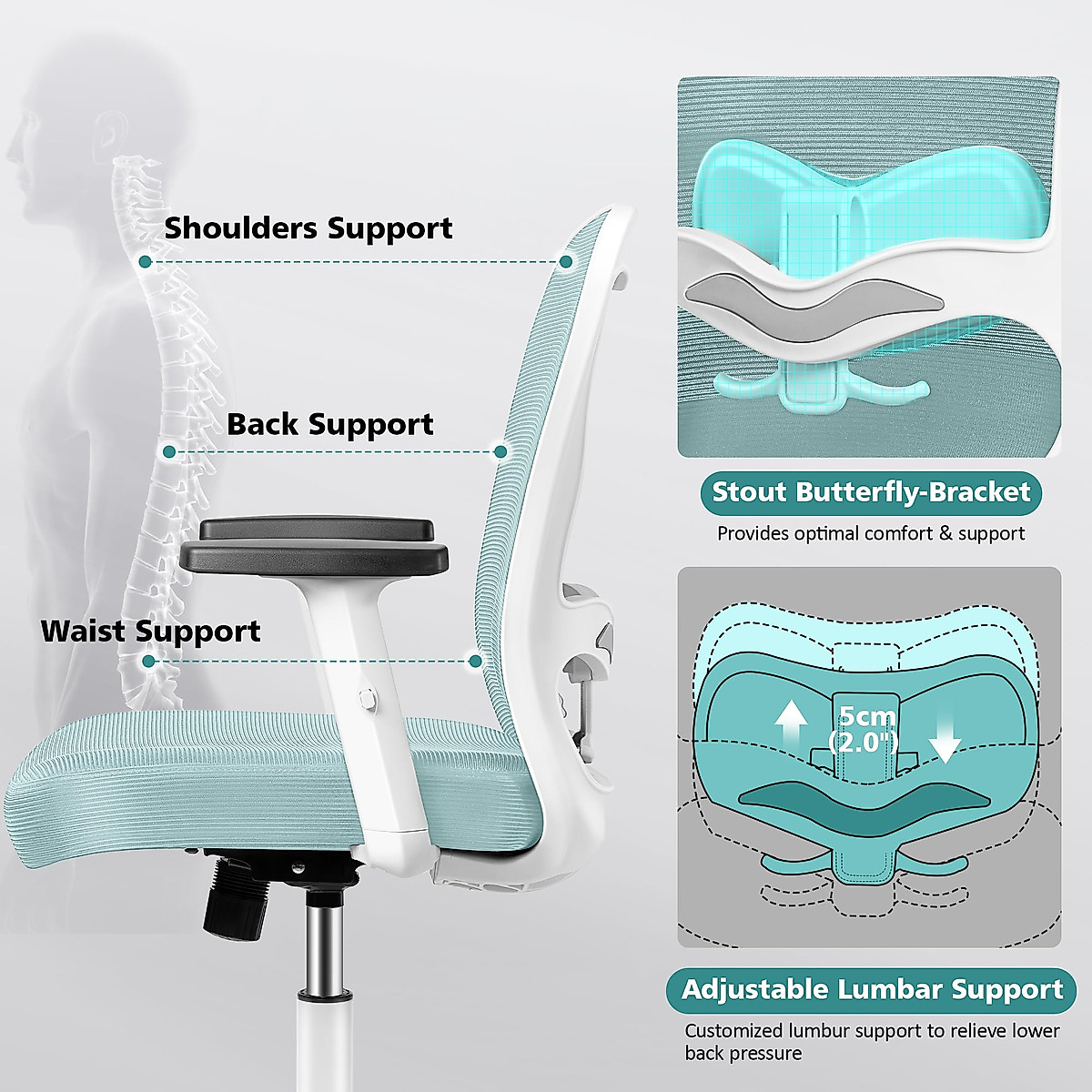 Primy Office Chair Ergonomic Computer Desk Chair, High Back Breathable Mesh Chair with Adjustable Lumbar Support 2D Armrests, Executive Rolling Swivel Comfy Task Chair with Wheels for Home Work Gaming