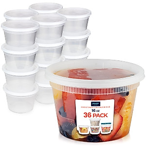 [36 Pack] Food Storage Containers with Lids, Round Plastic Deli Cups, US Made, 16 oz, Pint Size, Leak Proof, Airtight, Microwave & Dishwasher Safe, Stackable, Reusable, White
