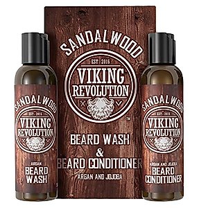 Beard Wash & Beard Conditioner Set w/Argan & Jojoba Oils - Softens & Strengthens - Natural Sandalwood Scent - Beard Shampoo w/Beard Oil (5oz)