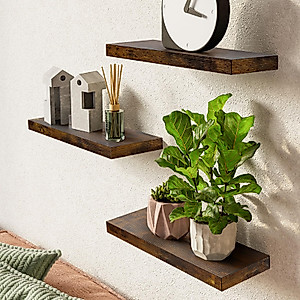 BAYKA Floating Wood Shelves - Wall Mounted for Bathroom,Bedroom,Living Room,Kitchen,Small Hanging Shelf for Books/Storage/Room Decor with 22lbs Capacity(Rustic Brown,Set of 3,15.7inch)