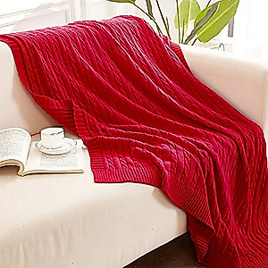 NTBAY 100% Pure Cotton Cable Knit Throw Blanket, Super Soft Warm 51x67 Knitted Throw Blanket for Couch, Sofa, Chair, Bed - Extra Cozy, Machine Washable, Comfortable Home Decor, Red