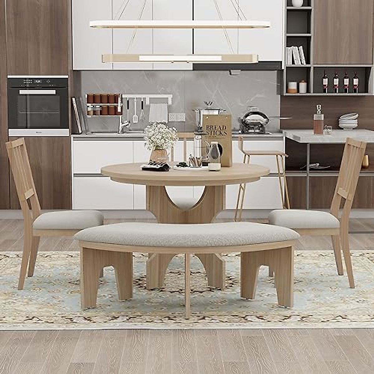 Linique 5-Piece Dining Table Set, 44" Round Dining Table with Curved Bench & Side Chairs for 4-5 People for Dining Room and Kitchen (Natural Wood Wash)