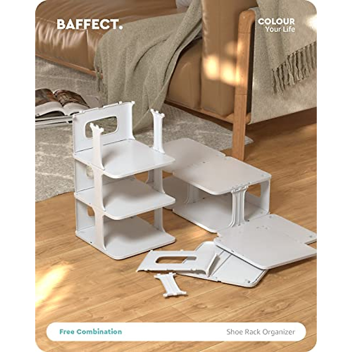 Baffect Shoe Rack Organizer, DIY Free Combination Plastic Shoe Storage, Stackable 8 Pair Shoe Shelf for Closet, Entryway and Hallway (4 Tiers)