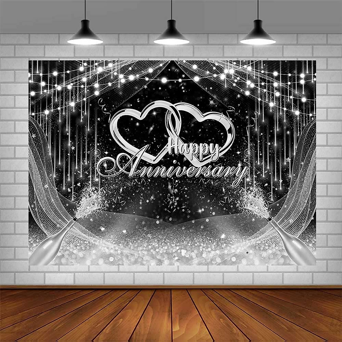 AIBIIN 7x5ft Black and Silver Happy Anniversary Backdrop Silver Glitter Wedding Anniversary Bridal Shower Photography Background Cheers to Wedding Miss to Mrs Party Decorations Banner