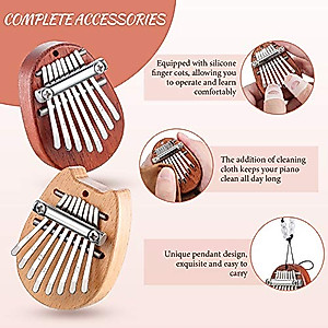 eBoot 10 Pieces 8 Keys Mini Piano Set Include Finger Thumb Piano with Lanyard Chain, Finger Protector and Cleaning Cloth Christmas Gift for Kids Adults Beginners(Oval, Cat Shaped, Wood)