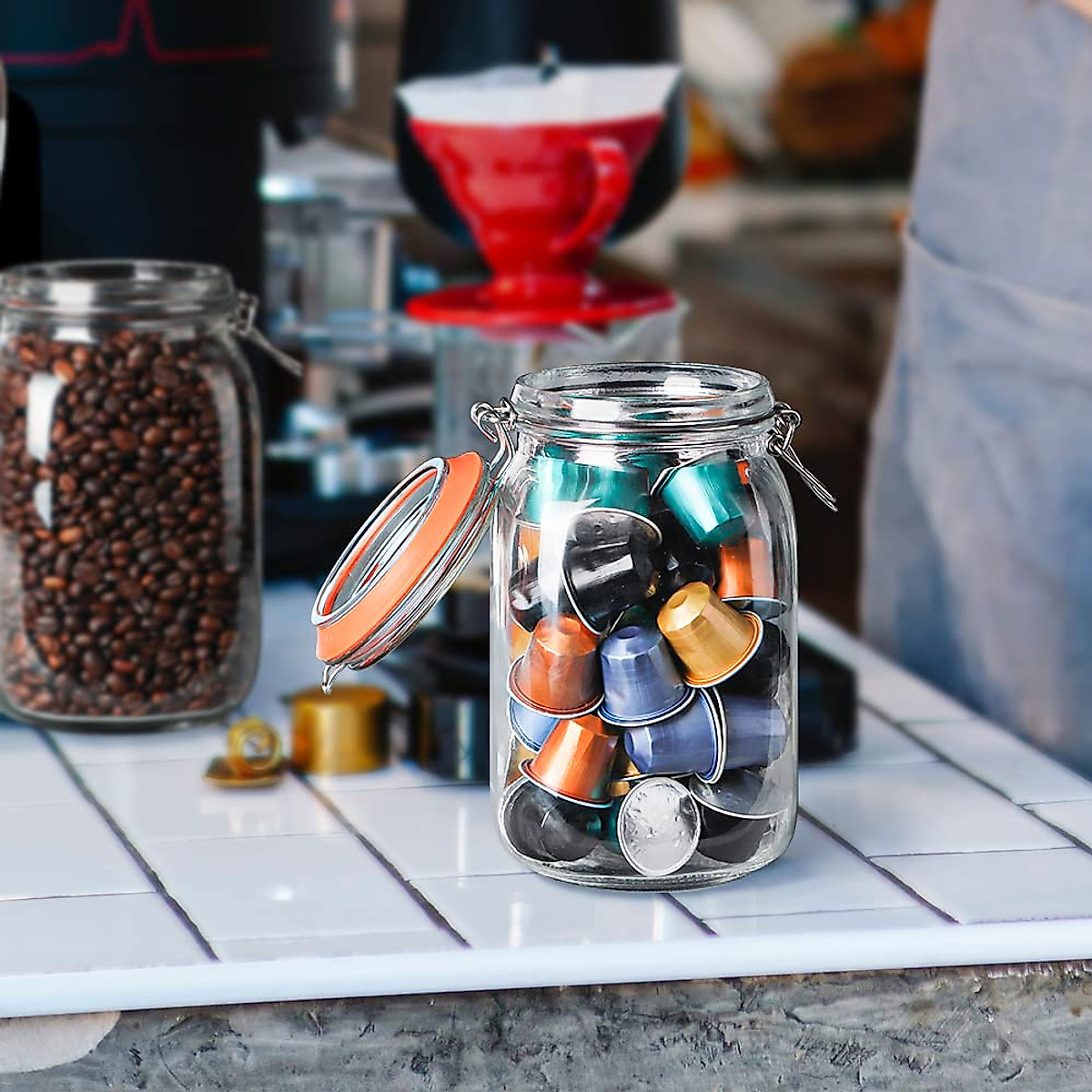 Qianfenie 50 oz Glass Jars with Airtight Lids, Wide Mouth Mason Jars with Clip Top Lids for Kitchen - Square Glass Jars with Chalkboard Labels and Replacement Silicone Gaskets, Set of 4