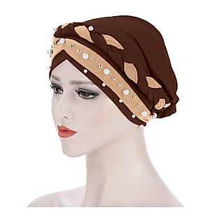 FRAKYEN Turbans Non Slip Hijab Undercap Underscarf Sleeping Hat Women Muslim Milk Silk Two- Nail Beads Braid Turban Hat Coffee