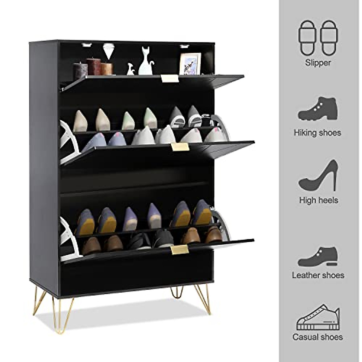 Scurrty 31.5'' 3-Tier Shoe Rack Entryway Cabinet Storage with Drawers, Adjustable Free Standing Shoe Shelf Organization for Closet Hallway with 4 Metal Legs Anti-Tipping Black…