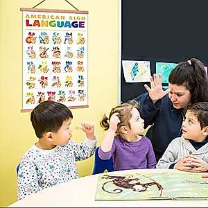 KAIRNE American Sign Language Poster with Wood Magnetic Hanger Framed(35CMx56CM),ASL Alphabet Wall Art Teaching Aid Alphabet Chart for Kids Playroom Classroom Decor