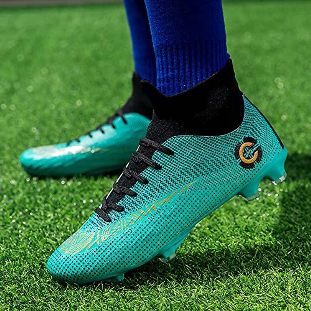 Men's Soccer Cleats Football Shoes Lightweight High-Tops Lace-Up Non-Slip Spikes Green EU 40