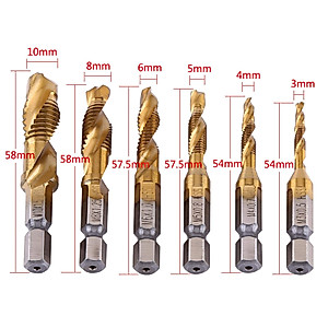 6pcs Thread Tap Screw Metric Thread Coated HSS Drill and Tap Bits 1/4" Hex Shank Drill Bits M3-M10