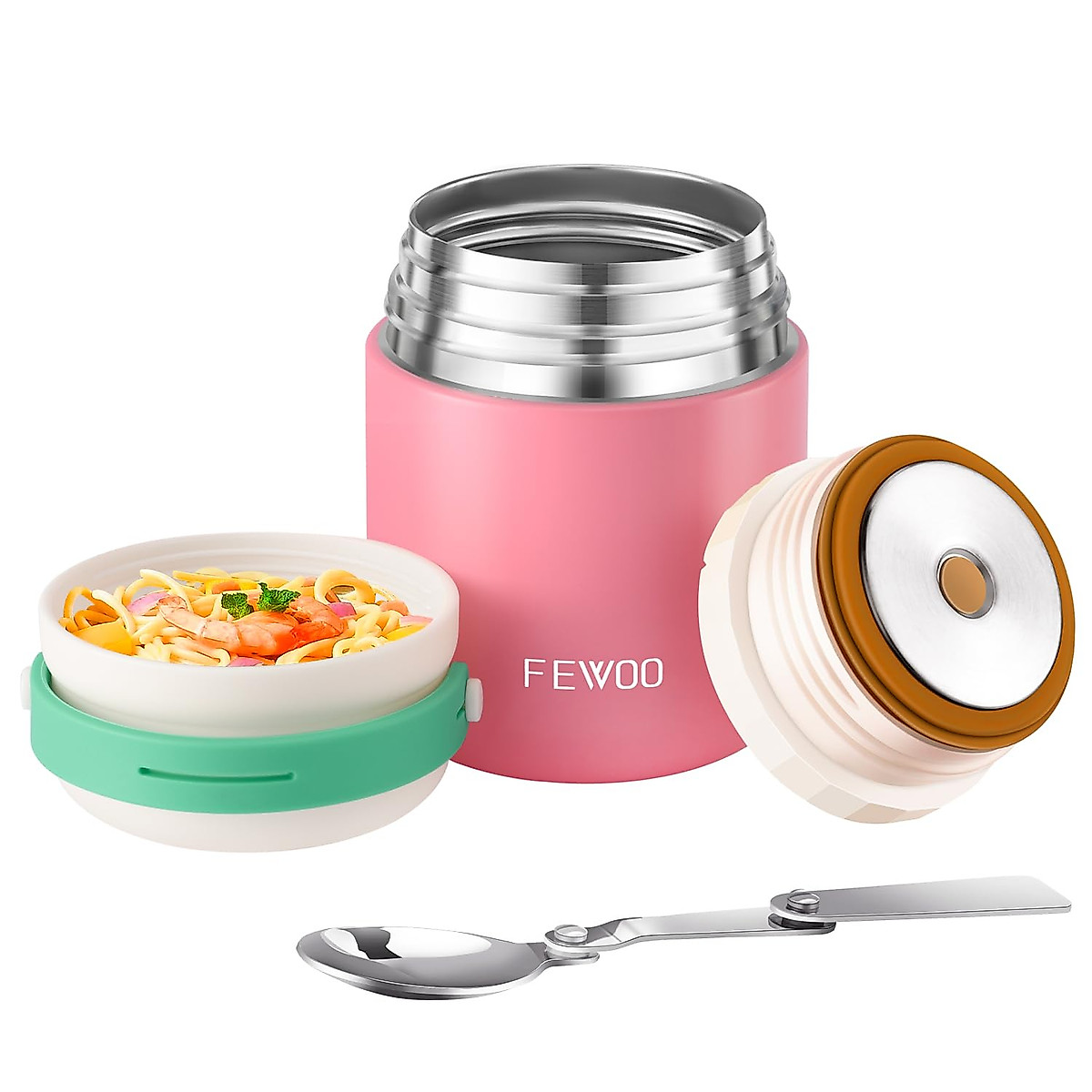 FEWOO Food Jar, 13.5oz Insulated Lunch Soup Container for Hot Cold Food for Kids Adults, Leak Proof Vacuum Stainless Steel Food Jar with Folding Spoon for School Travel Outdoors (Green-Pink)
