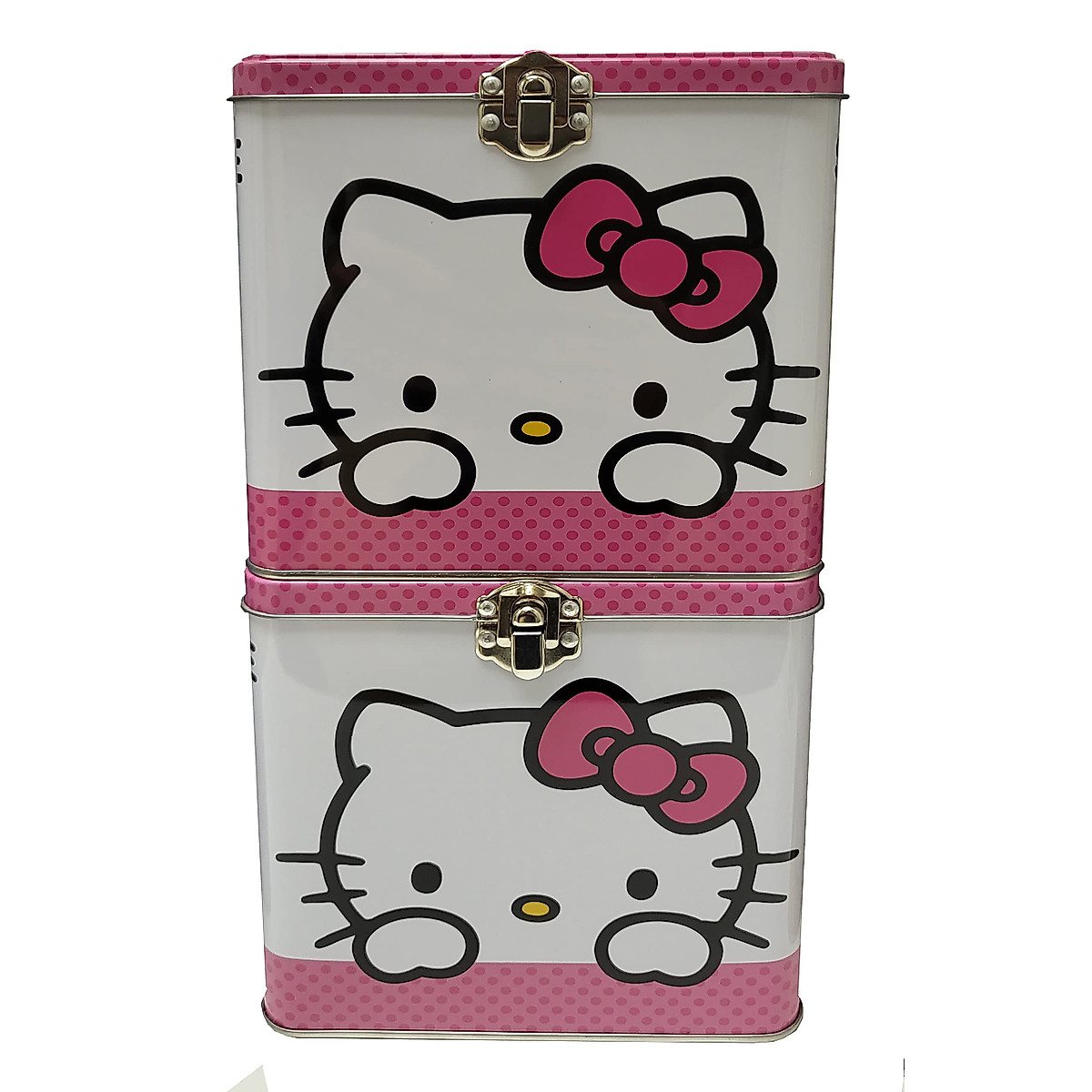 The Tin Box Company Hello Kitty Stack Store and Carry Tin. Stackable Tin Box with Handle,Pink and White, Storage Box, 5.75" Height, Clasp and Hinge on Lid