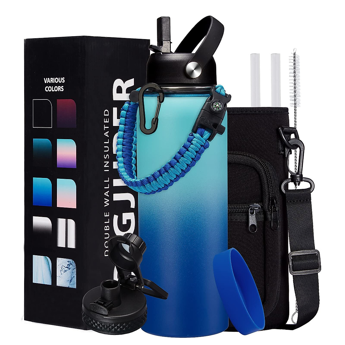 40 oz Flask Water Bottles with 64oz Water Jug - Stainless Steel Water Bottle with Straw, Paracord Handle & Strap, Double Wall Insulated Thermo Water Bottle that Keep Cold for 48H Hot for 24H