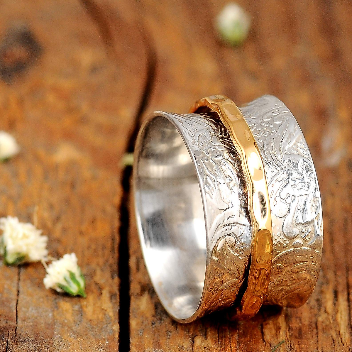 Boho-Magic 925 Sterling Silver Spinner Ring for Women with Brass Fidget Ring Flowers Band (10)