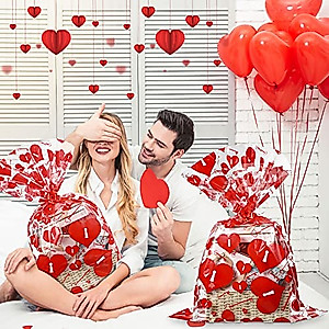 Geyee 80 Pieces Valentine Basket Bags Large Clear Cellophane Basket Bags Valentines Day Bags Red Heart Card Baskets Wrapping Bags with Ribbon Bows for Gift Weddings Bridal Baskets Bags 28 x 39 Inch