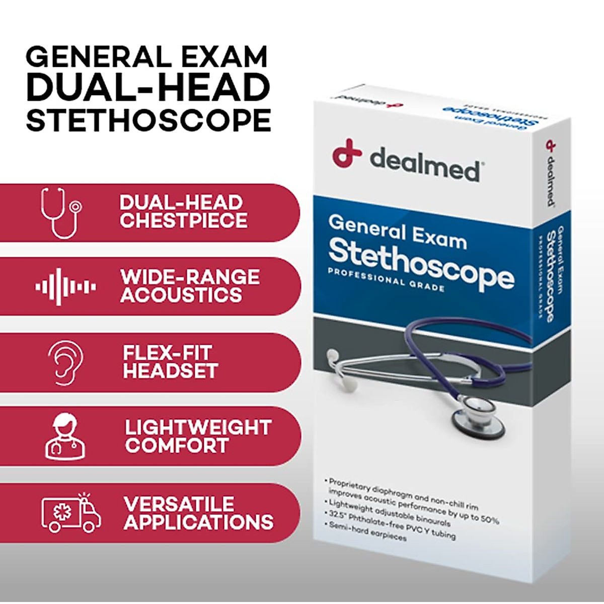 Dealmed General Exam Stethoscope – Professional Economy Dual-Head Medical Stethoscope with Lightweight Chestpiece, Flexible 32” Tubing & Comfort Eartips (Pink)