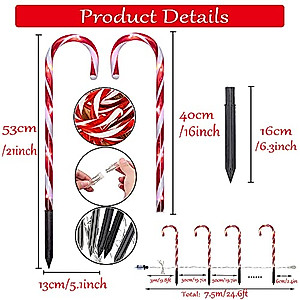 10 Pack 21in Candy Cane Pathway Lights (with Stakes) Outdoor Markers Christmas Decorations Lights with 8 Lighting Modes, for Xmas Holiday Party Walkway Patio Garden Decor