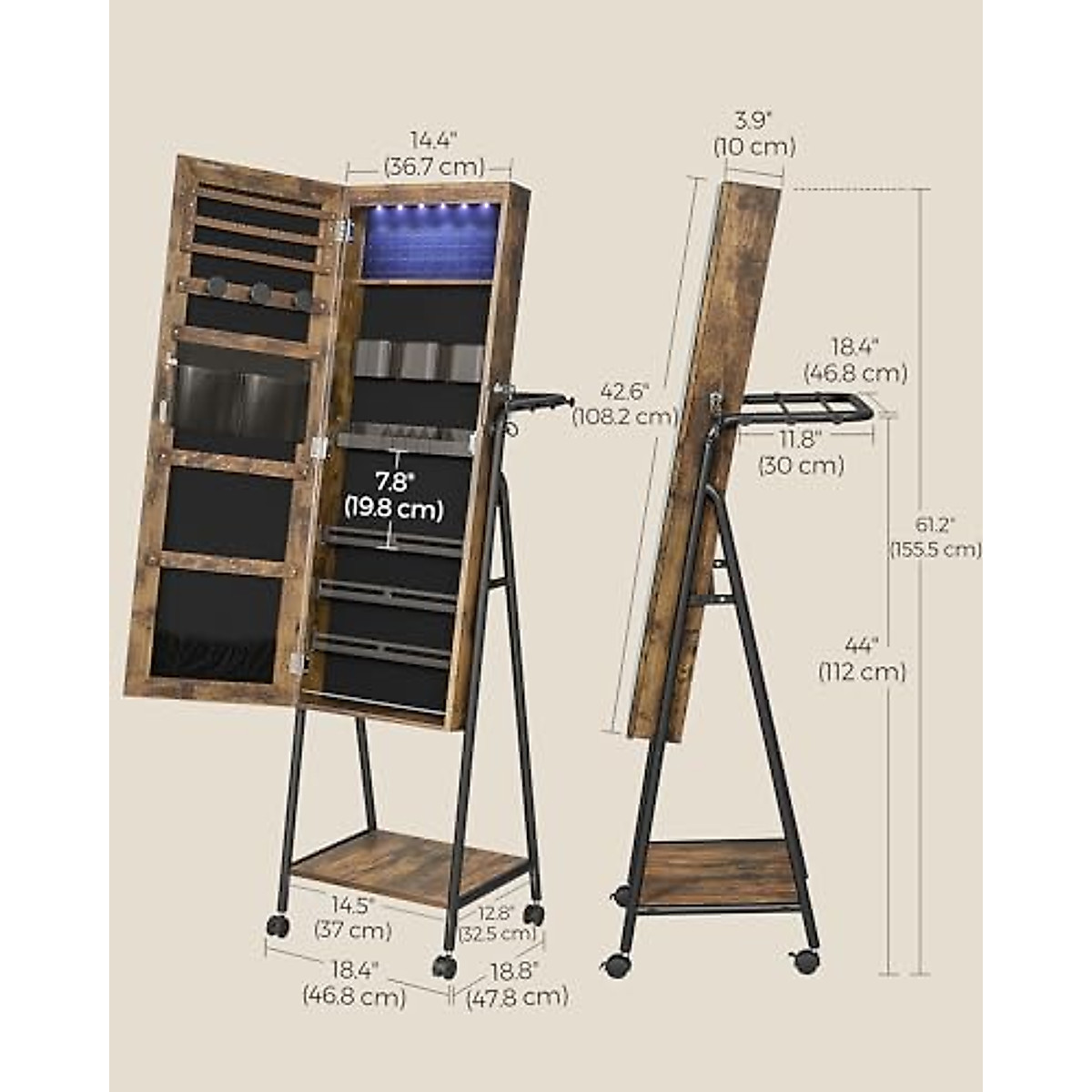 SONGMICS 6 LEDs Lockable Mirror Jewelry Cabinet,Organizer, Standing Jewelry Armoire with 4 Wheels, Mirror with Jewelry Storage, Coat Rack, Shelf, Rustic Brown and Black UJJC005X01