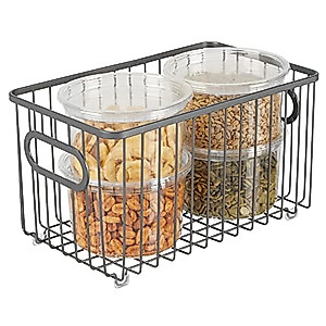 mDesign Metal Farmhouse Kitchen Pantry Food Storage Organizer Basket Bin - Wire Grid Design - for Cabinet, Cupboard, Shelves, Countertop, Closet, Bedroom, Bathroom - 10" Long, 4 Pack - Graphite Gray
