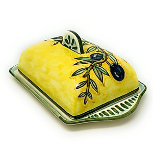 CERAMICHE D'ARTE PARRINI- Italian Ceramic Butter Dish Hand Painted Decorated Olives Made in ITALY Tuscan Art Pottery
