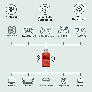 8Bitdo Adapter 2 USB Wireless Switch Controller for Windows, Mac & Raspberry Pi, Compatible with Xbox Series X & S Controller, Xbox One Bluetooth Controller, PS5/PS4/PS3 Controller