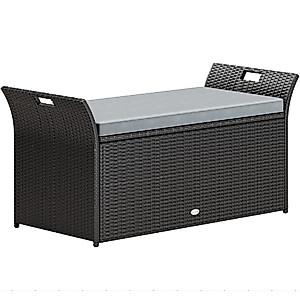 YITAHOME 90 Gallon Outdoor Wicker Storage Bench w/Cushion, Large PE Rattan Deck Storage Box w/Handles & Hydraulics for Patio Furniture, Cushions, Garden Tools, Pool & Sports Equipment, Black&Grey