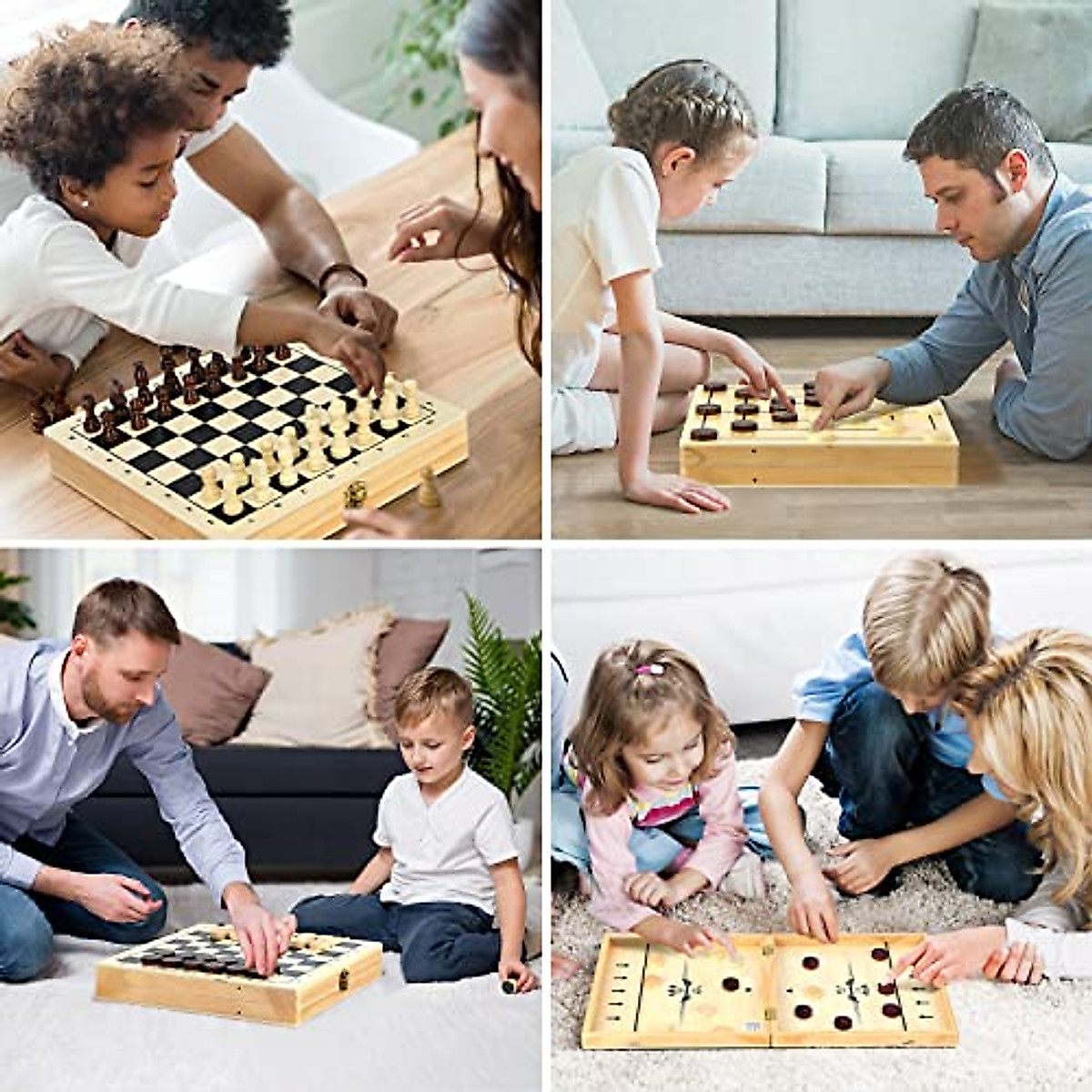 BremToy 4 in 1 Chess Sets-Wooden Chess & Checkers Set, Sling Puck and Nine Men's Morris Board Games for Kids Adult, Foldable & Portable Chess Board Set for Travel (12x12inch)