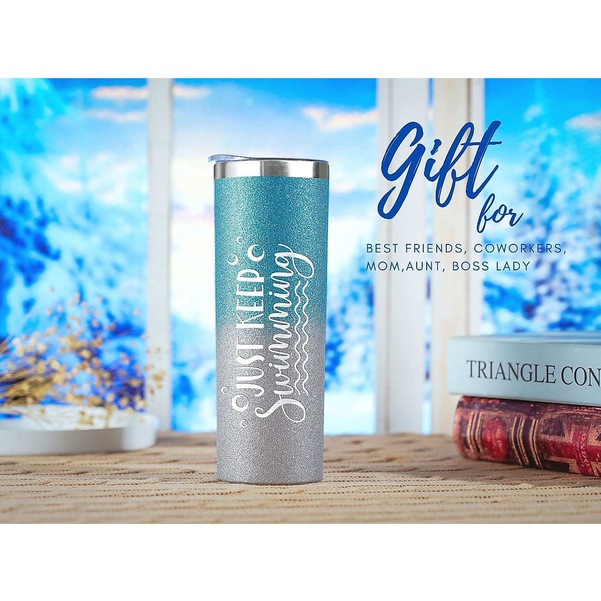 Onebttl Swimming Gifts, Swimmer Stainless Steel Skinny Tumbler for Women, Teen Girls, Teammate, Coach (20oz, Glitter Silver & Blue)-Just Keep Swimming