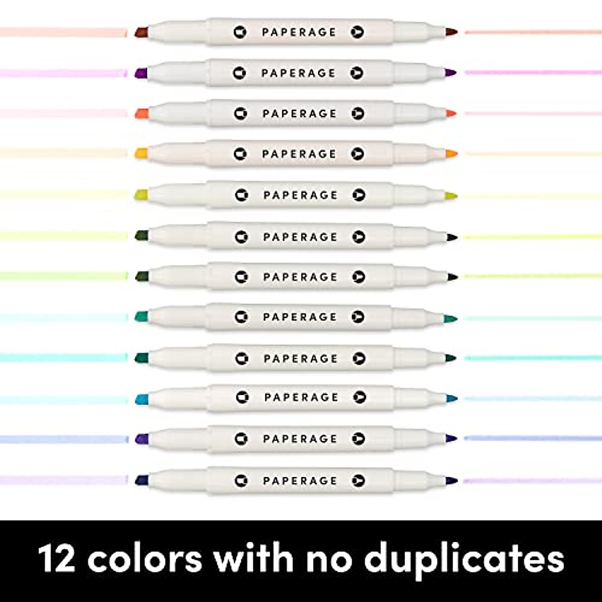 PAPERAGE Dual Tip Highlighters (3.0mm Chisel Tip + 1.0mm Round Tip), Pastel, 12 Pack Dual Tip Brush Pen Set for Highlighting Notes, Drawing, Hand-Lettering, Pens Highlight Markers Journaling and More