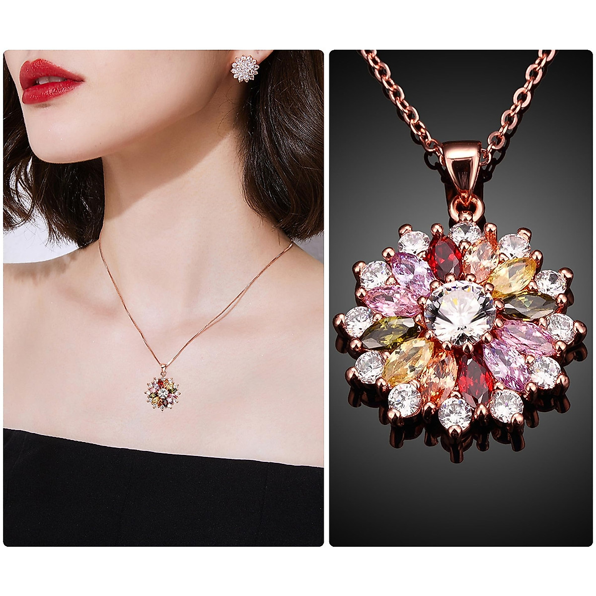 VONSSY Colorful Snowflake Pendant Necklace Earrings Rose Gold 5A Cubic Zirconia | Crystal Sweater Chain | Multi Gemstone Garnet Amethyst Morganite Peridot Prom Rhinestone Necklaces