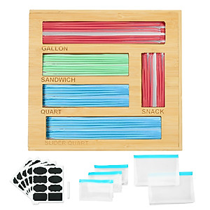 Bamboo Bag Storage Organizer + Bonus: 5 Reusable Bags and Labeling Stickers - Food Kitchen Pantry Holder for Bags, Baggies, and Storage Drawers
