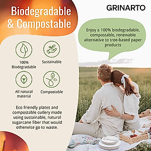 Grinarto Compostable Paper Plates Set 250PCS - Disposable Biodegradable 250 Heavy Duty Large 9 Inch Plate, Sturdy 7 Inch Dessert Plates, 7 Inch Cutlery - Eco-Friendly Bulk Dinner & Party Supplies