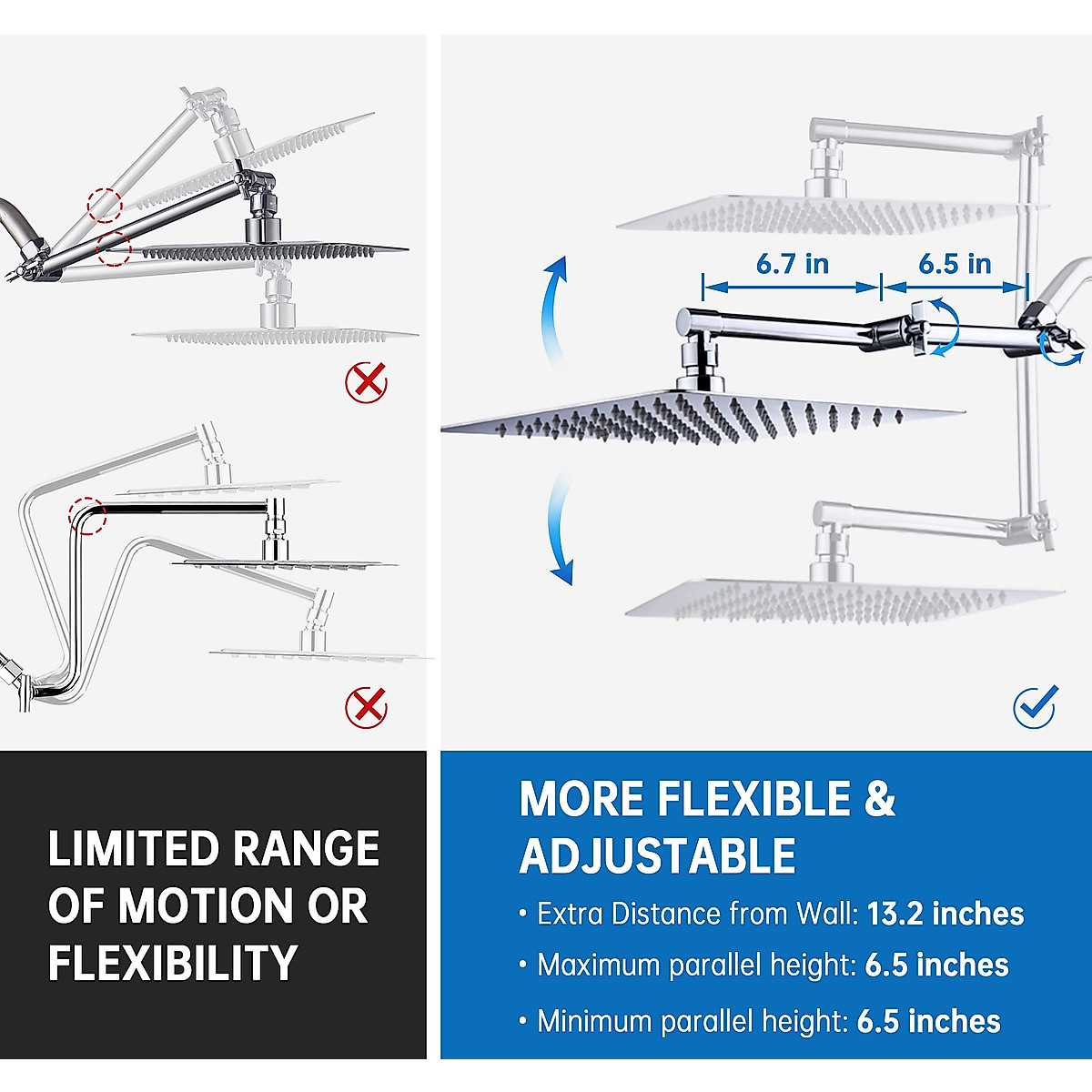 G-Promise Shower Head Extension Arm Solid Brass Adjustable Extender with Lock Joint, Standard 1/2", Rise or Lower Rainfall and Fixed Shower Head, 13" Height/Angle Adjustable Extension Arm Attachment