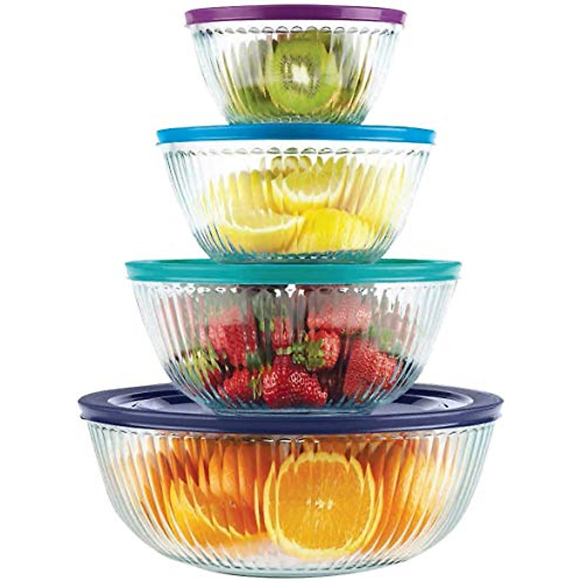 Pyrex 8 Piece Ribbed Bowl (4) Set Including Assorted Colored Locking Lids (Ribbed)