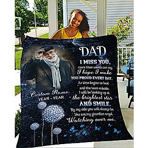 Dad Memorial Blanket| Personalized Photo&Name| Dad I Miss You| Dad Remembrance, in Heaven Father Memorial| Sympathy Gift for Loss of Father, in Memory| N2388 (50x60 inch)