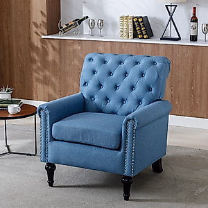 YISH W117081979 Modern Linen Accent Tufted Arm Chair with Thick Cushion and Wood Frame, Comfy Single Sofa with Armrest Backrest for Reading Bedroom Office Club, Blue