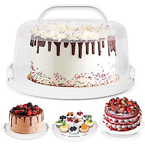 JOHOUSE Cake Carrier with Lid, White Round Cake Holder Cupcake Container with Dome for 11 Cupcakes 2 in 1 Portable Dessert Container for Cake Pie Muffin Cobbler