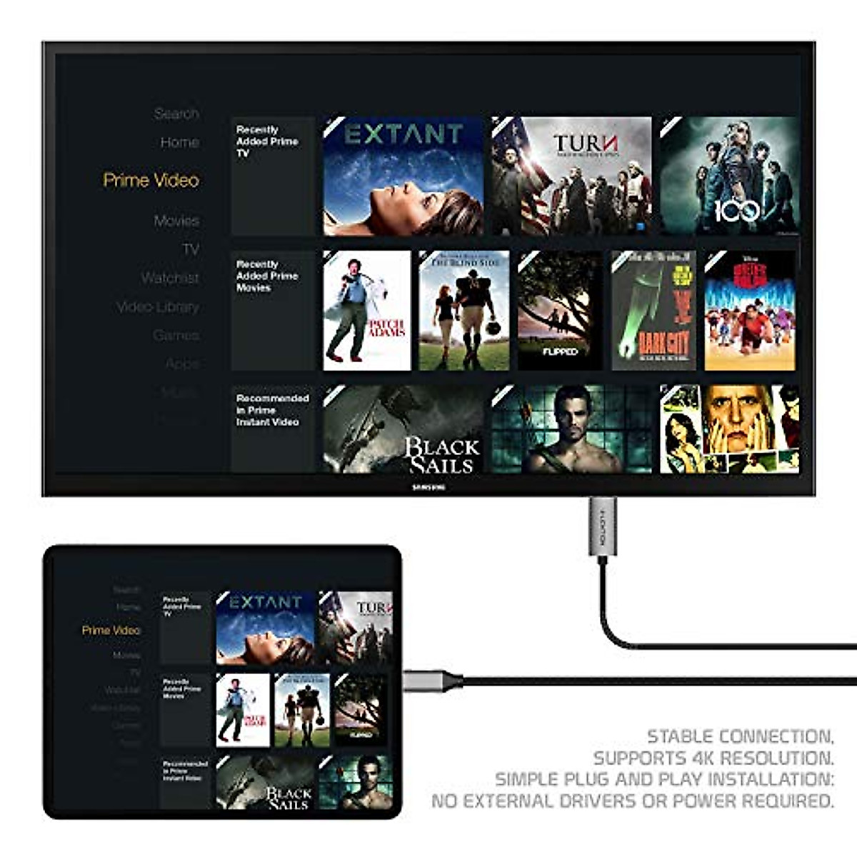 VOLT+ USB C to HDMI Cable, 6FT, 4K, Thunderbolt 3/4 USB C HDMI Adapter Compatible for Samsung Galaxy S6 to S23, Chromebook, Samsung Tabs, MacBook Pro/Air, iMac, iPad Pro, Surface, Dell, HP, TV