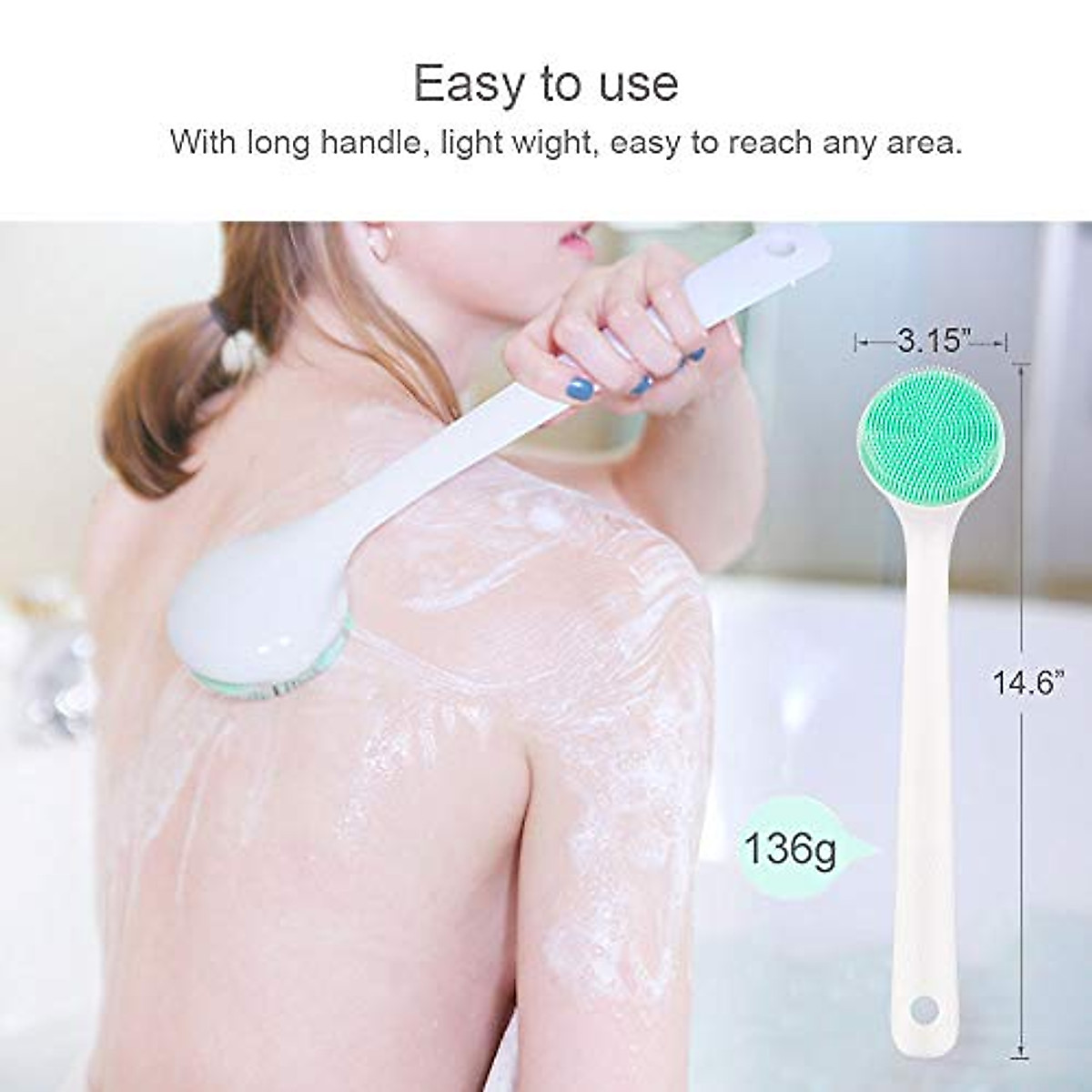 Silicone Body Scrubber Exfoliator, Back Brush Scrubber Long Handle for Shower with Soft Bristles, Shower Brush Scrubber for Body Men and Women, BPA Free, Non-Slip