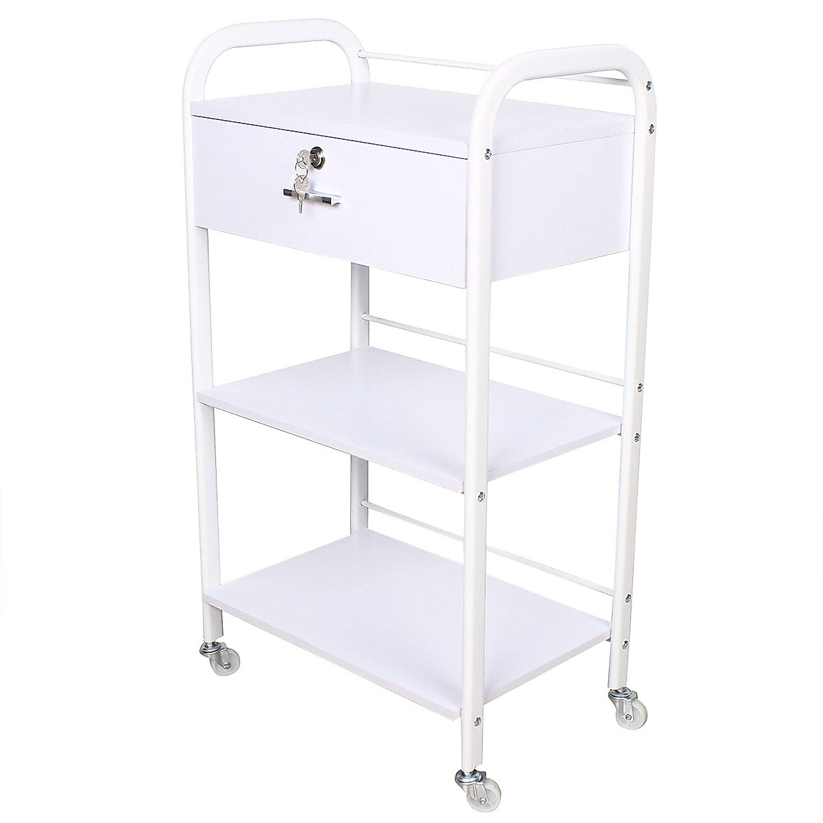 3-Tier Rolling Utility Cart with Wheels,White Mobile Esthetician Cart Trolley with Single Lockable Drawer,Medical Den-tal Serving Cart Trolley Steel Serving Cabinet & Kitchen Cart,Load 33LBS