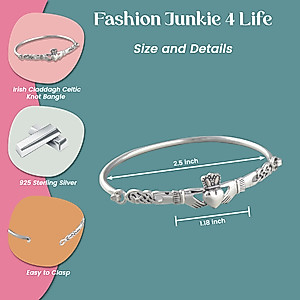 FashionJunkie4Life 925 Sterling Silver Irish Claddagh Celtic Knot Bangle Bracelet